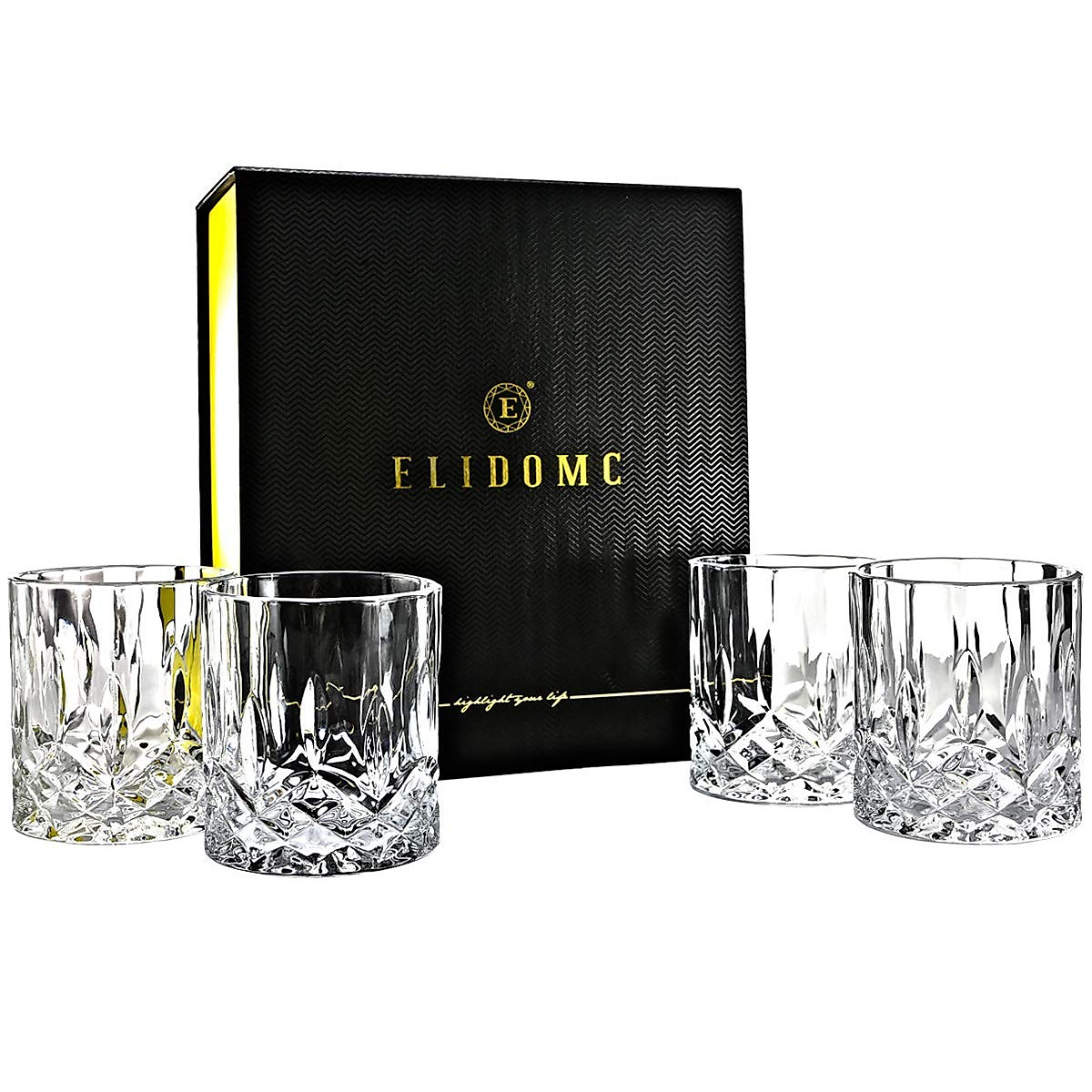 ELIDOMC 11Oz Old Fashioned Glasses With Luxury Giftbox, Unique Lead Free Cocktail Glass, Crystal Clear Whiskey Glasses for Men (Set of 4)
