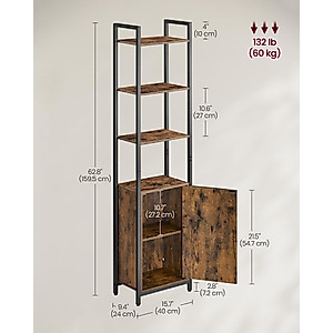 VASAGLE 6-Tier Bookshelf, Tall Bookcase with Door, Steel Frame, Adjustable Shelves, 9.4 x 15.7 x 62.8 Inches, Living Room Bedroom, Rustic Brown and Ink Black ULLS132K01