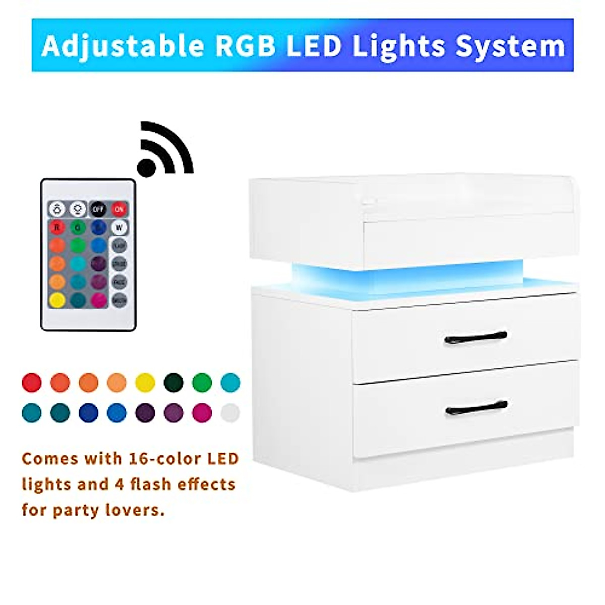 LED Nightstand with Charging Station, White Night Stands with USB Charging Ports and LED Lights, Modern Wooden Bedside Table with 2 Drawers, Small End Side Table with Drawers for Bedroom, Living Room