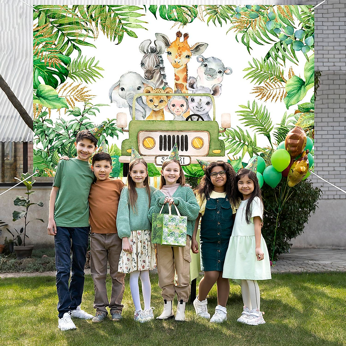 Mocsicka Safari Jungle Animal Party Banner Wild One Baby Shower Birthday Party Decoration for Boy Cartoon Elephant Giraffe Lion Forest Jungle Theme Party Supplies, 72.8 x 43.3 Inch