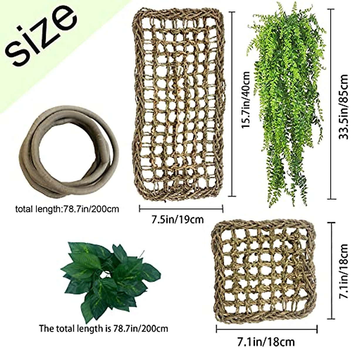 MUYG Bearded Dragon Tank Hammock,Natural Seagrass Reptile Lounger Hammocks Decor Flexible Leaves Jungle Climber Vines Habitat Accessories for Lizard Chameleon Gecko Snakes(5 PCS)