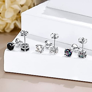3 Pairs 6mm Round Stud Earrings Set for Women and Men, Clear/Rainbow/Black Cubic Zirconia Hypoallergenic Earring Pack (White Gold)