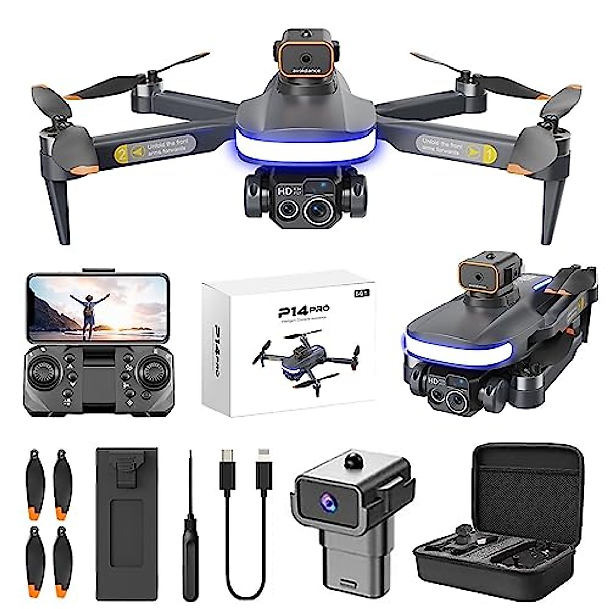 P14 Pro Compact & Foldable Mini Wireless Drone - Dual 4K HD FPV Camera - Intelligent 360° Obstacle Avoidance - WIFI VR RC Drone Quadcopter Circle Fly, Route Fly, Altitude Hold, Headless Mode (Black)