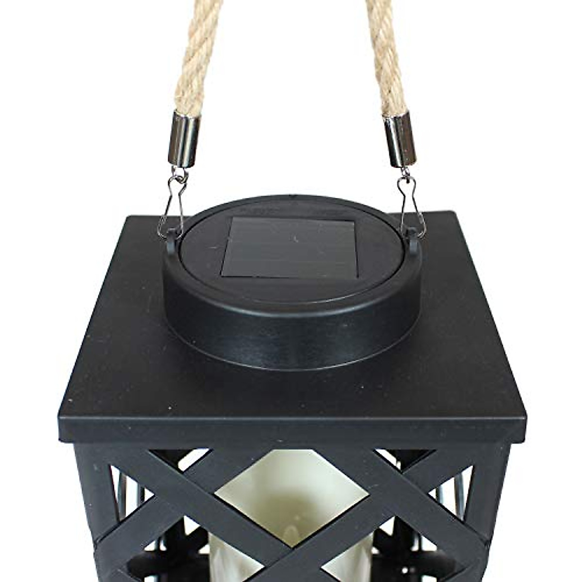 Sunnydaze Modern Crosshatch Outdoor Solar LED Decorative Candle Lantern - Rustic Farmhouse Decor for Patio, Porch, Deck and Garden - Tabletop and Hanging Outside Light - 9-Inch - Black