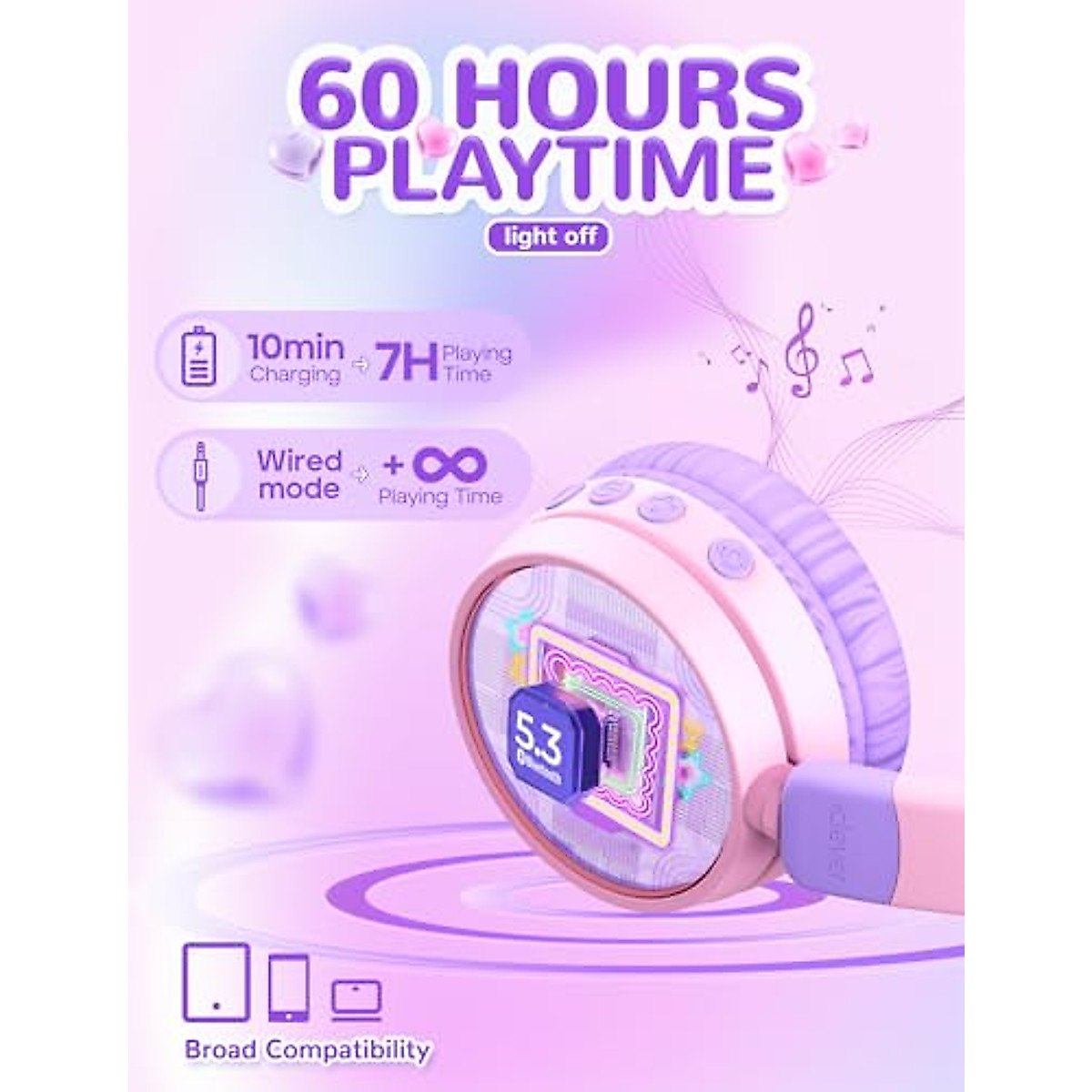 iClever Kids Bluetooth Headphones, Light Up Cat Ear, Safe Volume 74/85dBA,60H Playtime,Bluetooth 5.3,USB C Charging,Wireless Kids Headphones AUX Cord for iPad Tablets School Travel,Meow Cookies-Purple