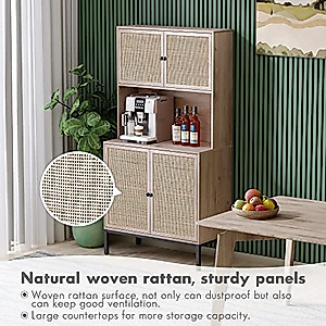 Yechen Storage Cabinet with Natural Handmade Rattan Wicker Doors, Freestanding Sideboard with Large Countertop, Kitchen Buffet (Natural Color)