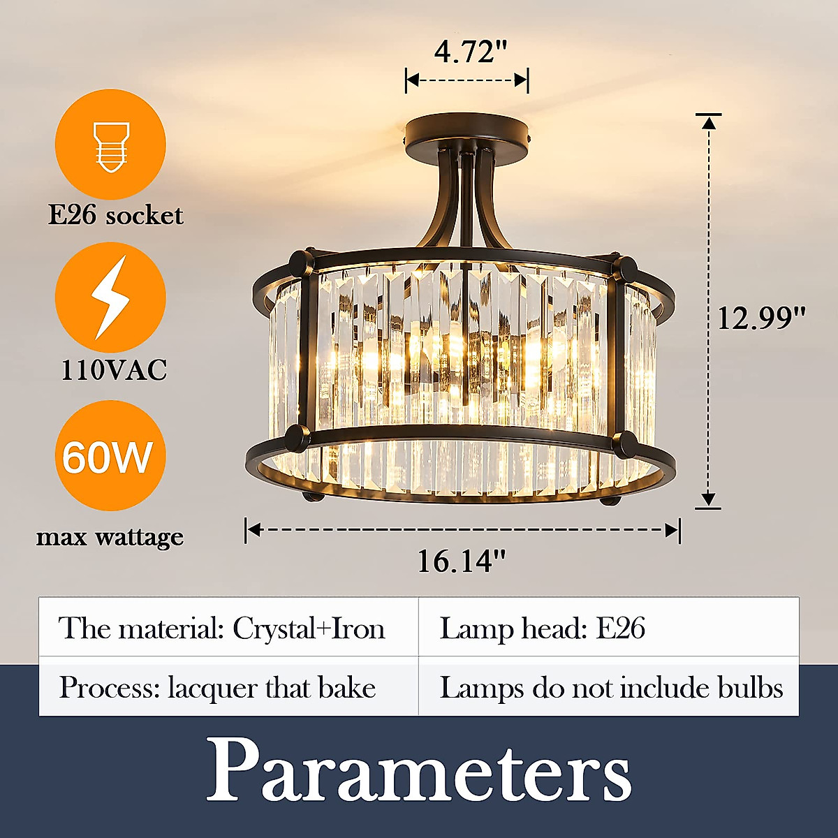 YYJLX 6-Light Black Semi Flush Mount Crystal Chandelier Metal Modern Ceiling Light Fixture Lighting for Living Room Dining Room Kitchen Bedroom Foyer Hallway