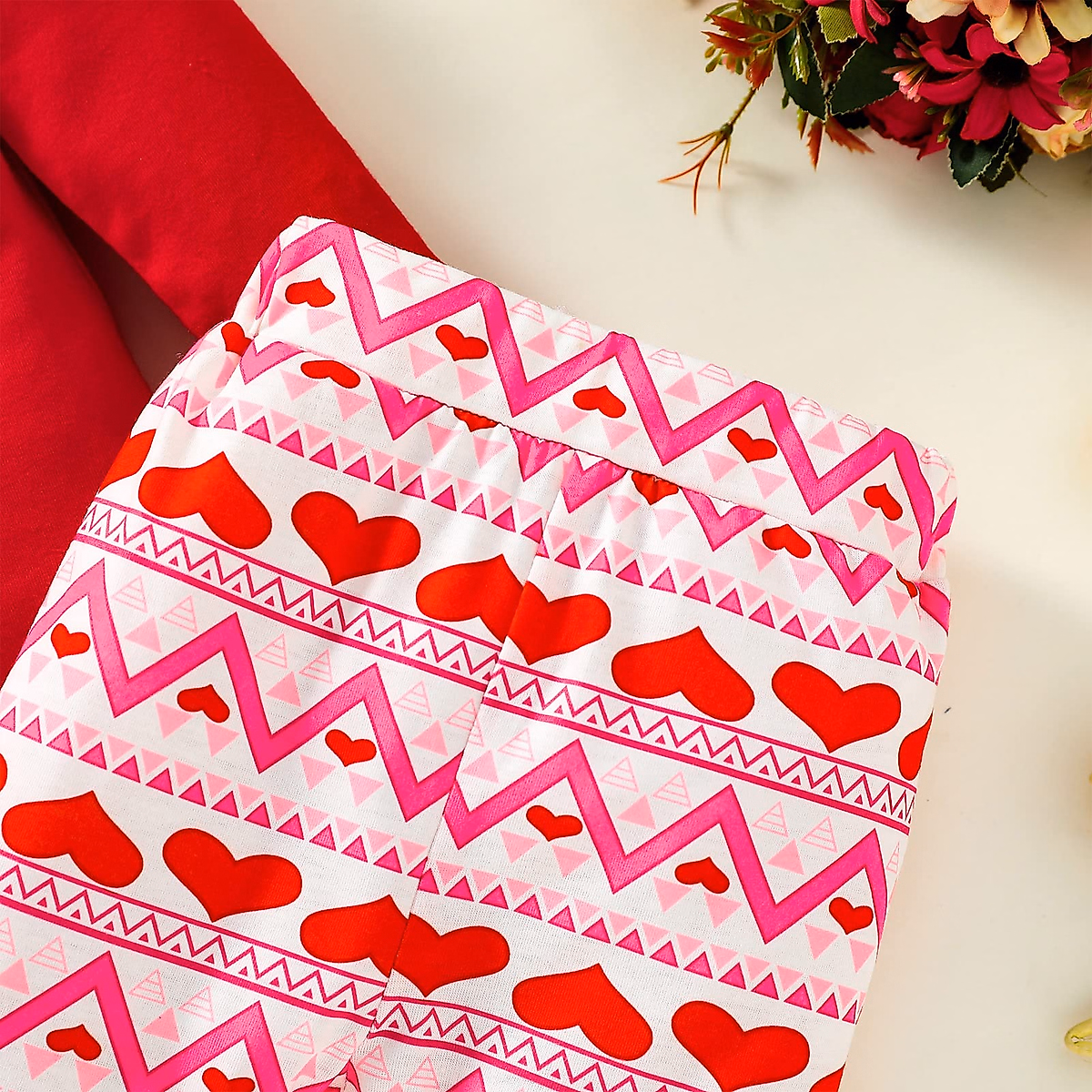 GRNSHTS Baby Girl My First Valentine's Day Clothes Long Sleeve Ruffle Romper Bell-Bottomed Pants 3Pcs Love Heart Outfits(Red,6-9M)