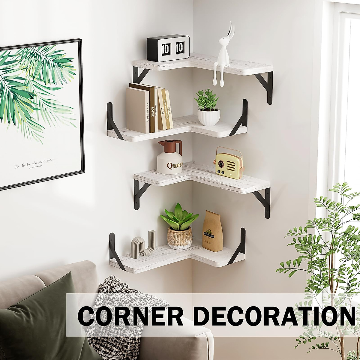 Muzilife Corner Floating Shelves Wooden Floating Shelve Set of 4, Wall Mounted for Storage, L-Shaped Shelves for Wall Decor Wall Organizer for Bedroom, Bathroom, Kitchen, Living Room and Office, White