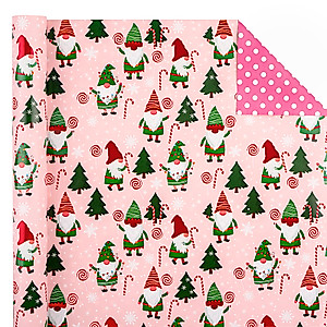 WRAPAHOLIC Reversible Christmas Wrapping Paper - Mini Roll - 17 Inch X 33 Feet - Red Green Gnome and Candy Canes, Pink and White Polka Dots Design for Holiday, Party, Celebration