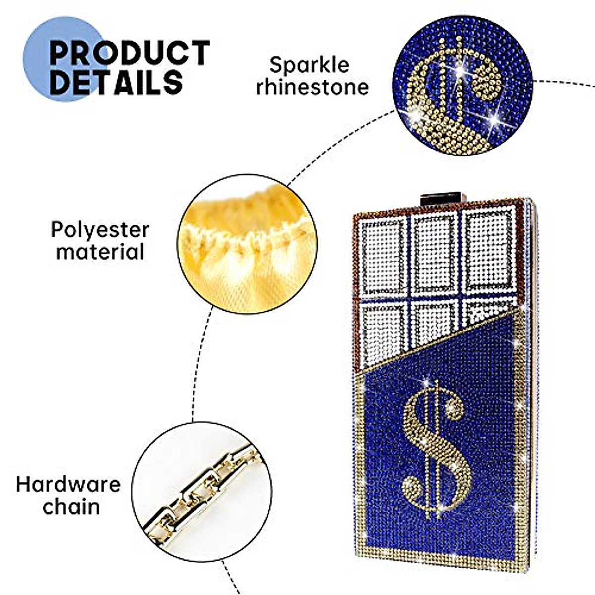 GripIt Bling Diamond Chocolate Money Purses and Handbags Rhinestone Clutch Bag for Womens Purses Crossbody Purse Evening Party Bags Handbag,Blue