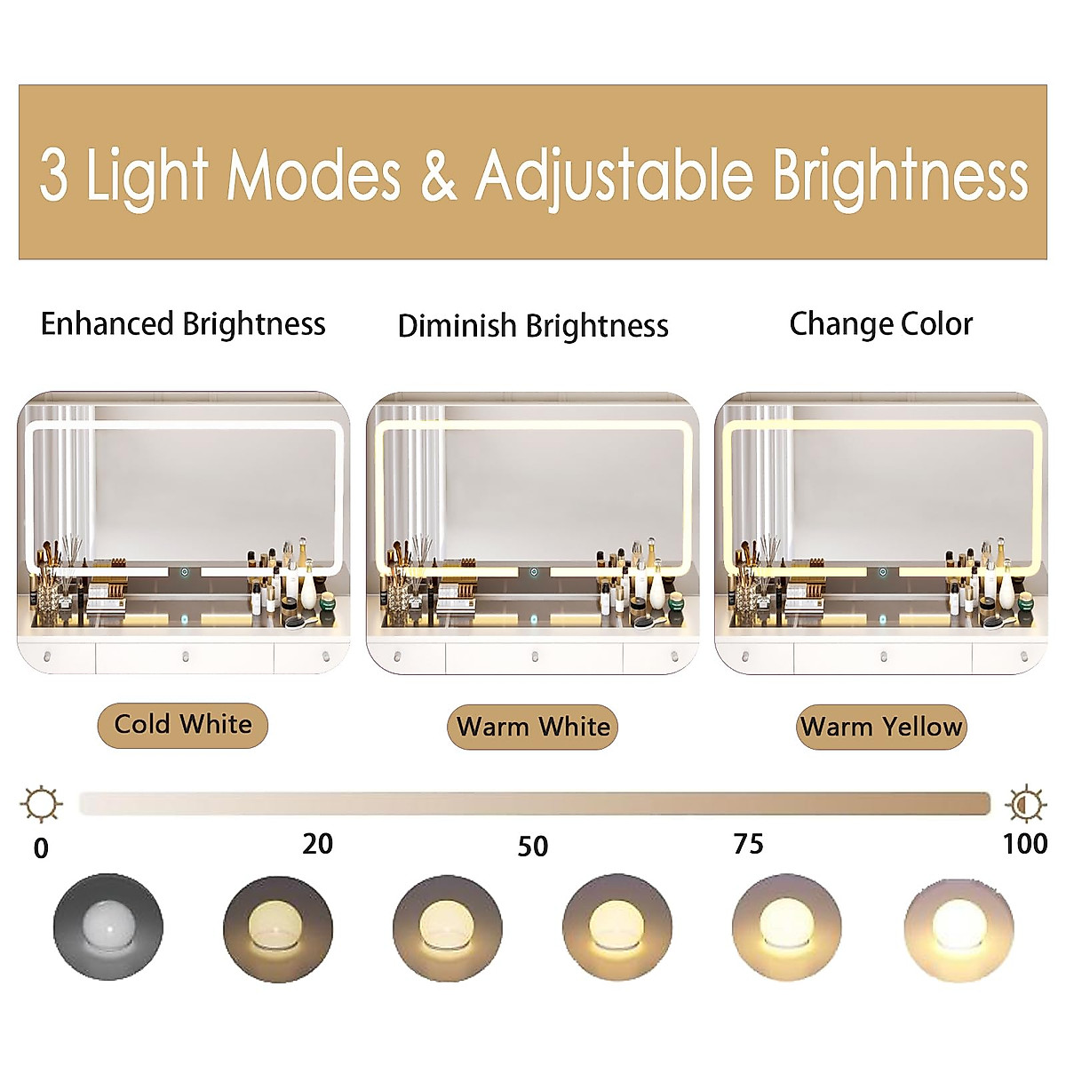 Bvldfamly Makeup Furniture with Power Outlet & LED Lights, Glass Top Makeup with Multiple Storage Space, 3 Lighting Modes Adjustable Brightness for Dressing Room, White