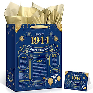 Blue 80th Birthday Gift Bag, 16" Large Size Navy Blue Gold Back in 1944 Happy Birthday Gift Wrap Bag Decorations with Tissue Paper Back in 1944 Card for Men 80 Anniversary Party Wrapping Bags Supplies