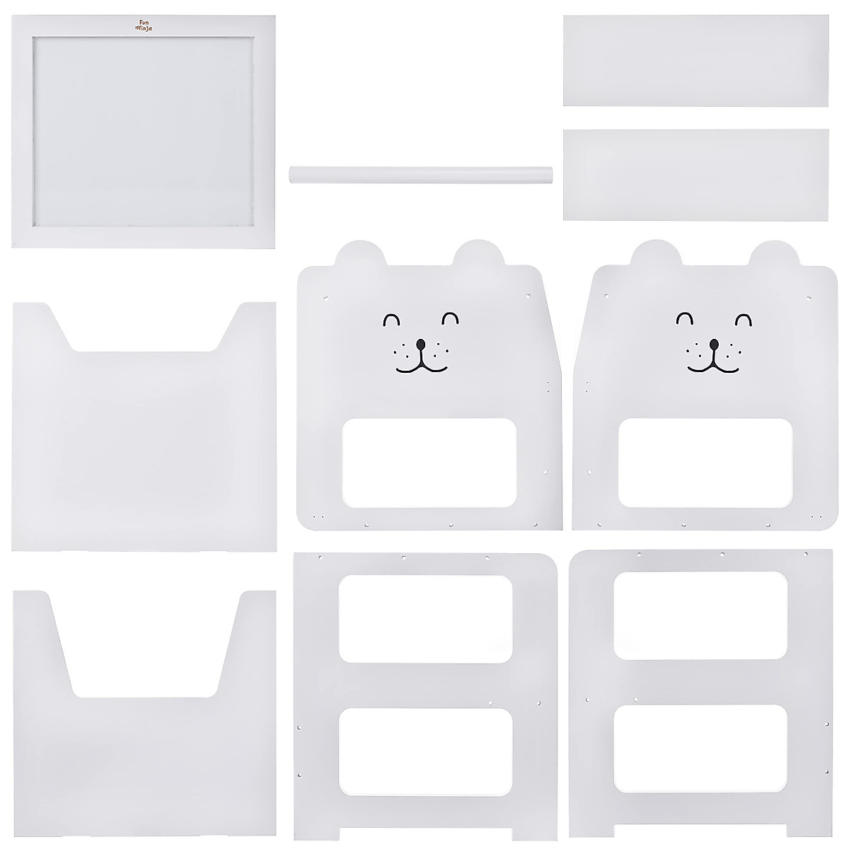 4-in-1 [Fun Ninja] Toddler Kitchen Step Stool for Children and Toddlers, Whiteboard & Art Desk, Safety Rail Tower for Kids, Parent Assistant Stepping Stool (White, Bundle)