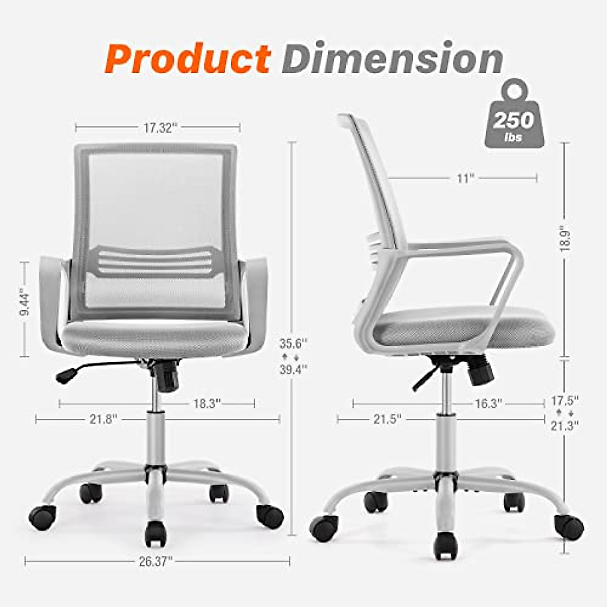 Office Chair - Ergonomic Executive Mid Back Home Office Desk Chairs, Adjustable Height, Breathable Mesh