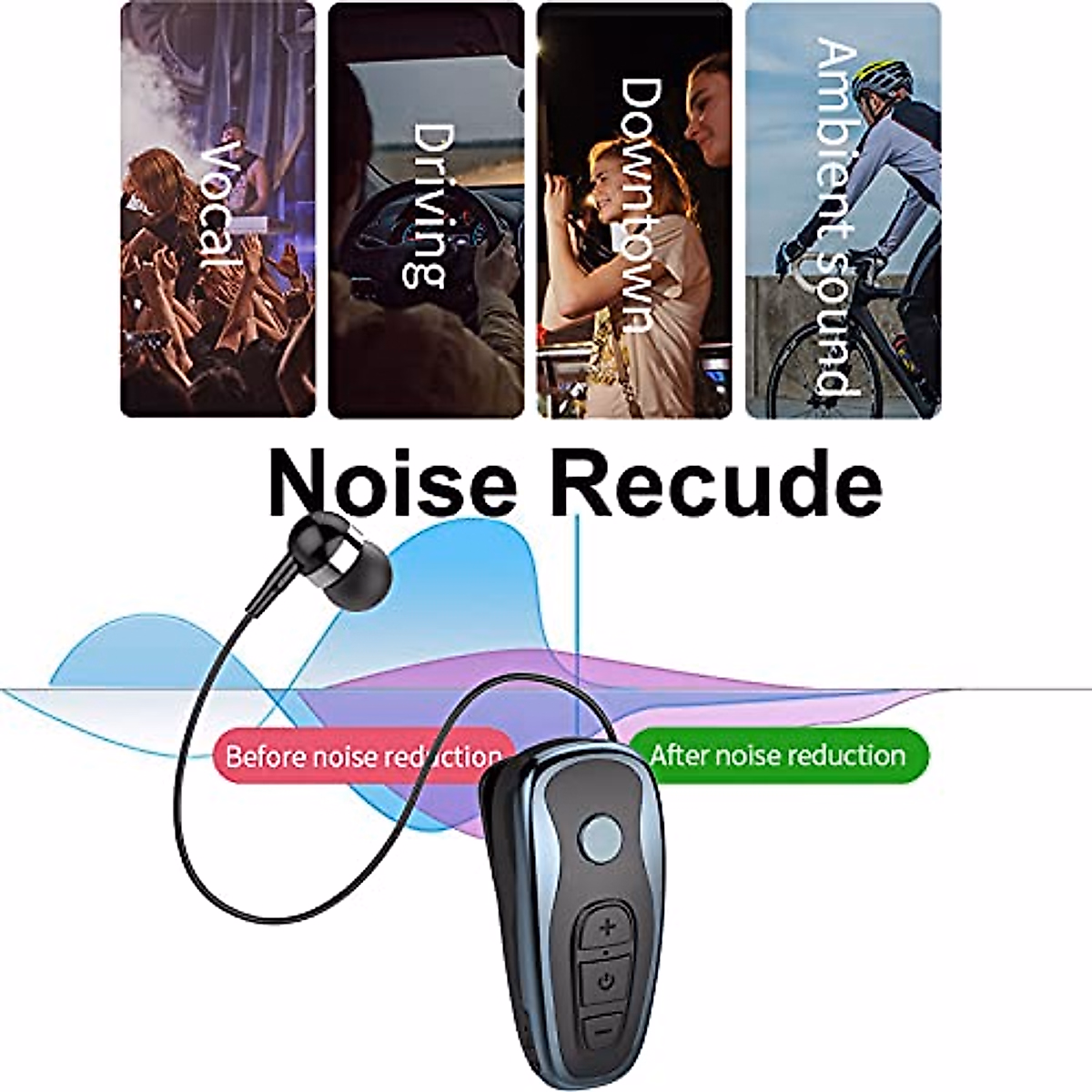 Retractable Wireless Headset Headphone Stereo Earphone V5.0 Noise Cancelling Mic Clip on Earpiece Comfortable HandsFree Headset 11Hrs Talking Time Sports Business Trucker Driver Earbud