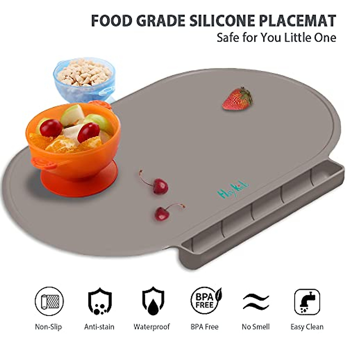 Silicone Placemat for Baby, Silicone Baby Toddlers Non-Slip Tablemats Stain Resistant Anti-Skid Reusable Dishwasher Safe Table Mats, Portable Food Mat Travel, Gray