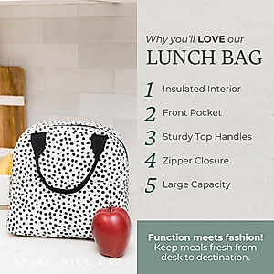 Steel Mill & Co Insulated Lunch Bag, Large Capacity Lunch Tote, Cute Lunch Box for Women, Mini Cooler with Zipper Closure, Pockets, and Sturdy Handles, Black Dots