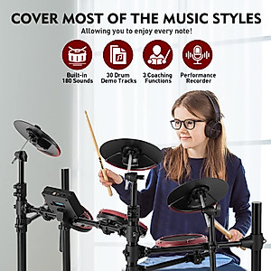 MUSTAR Electronic Drum Set, 10 Piece Electric Drum Set with 225 Sounds, 8" Dual Zone Snare, 8" Silicone Tom Pads, 10" Cymbals, Kick Drum, 2 Pedals, Sticks, USB MIDI, 15 Drum Kits (5 Pads, 3 Cymbals)