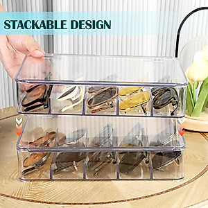 FORUP Eyeglass Case Storage Organizer, Plastic Stackable Sunglasses Organizer, Sunglass Glasses Storage Box with Hinged Lid, 5 Sections, 2 Pack, Clear