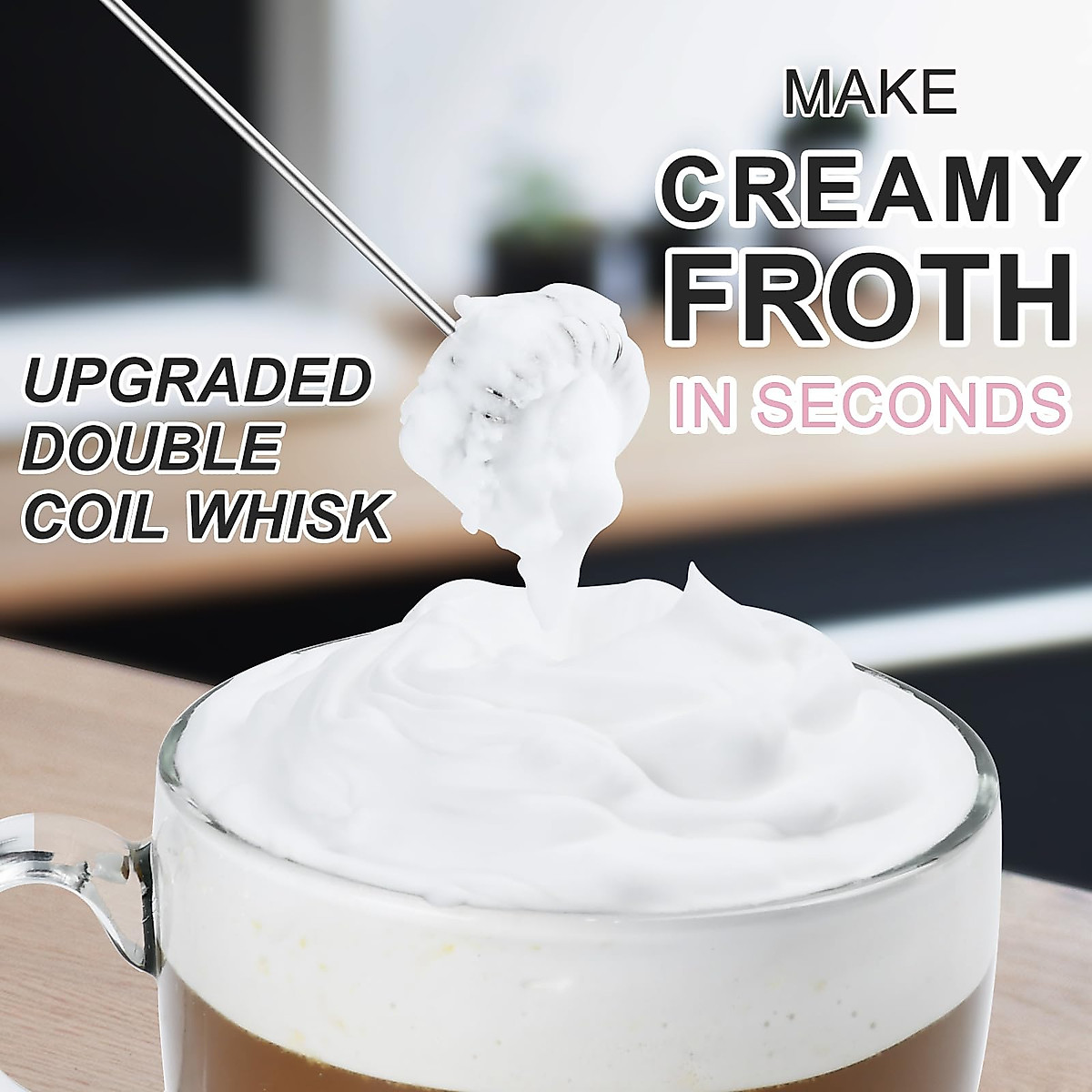 Double Whisk Milk Frother, Handheld Electric Blender stick, Drink Mixer with Food Grade Stainless Steel Stirrer, Battery Operated Foam Maker for Coffee, Cappuccino, Matcha,Hot Chocolate Latte, in Pink