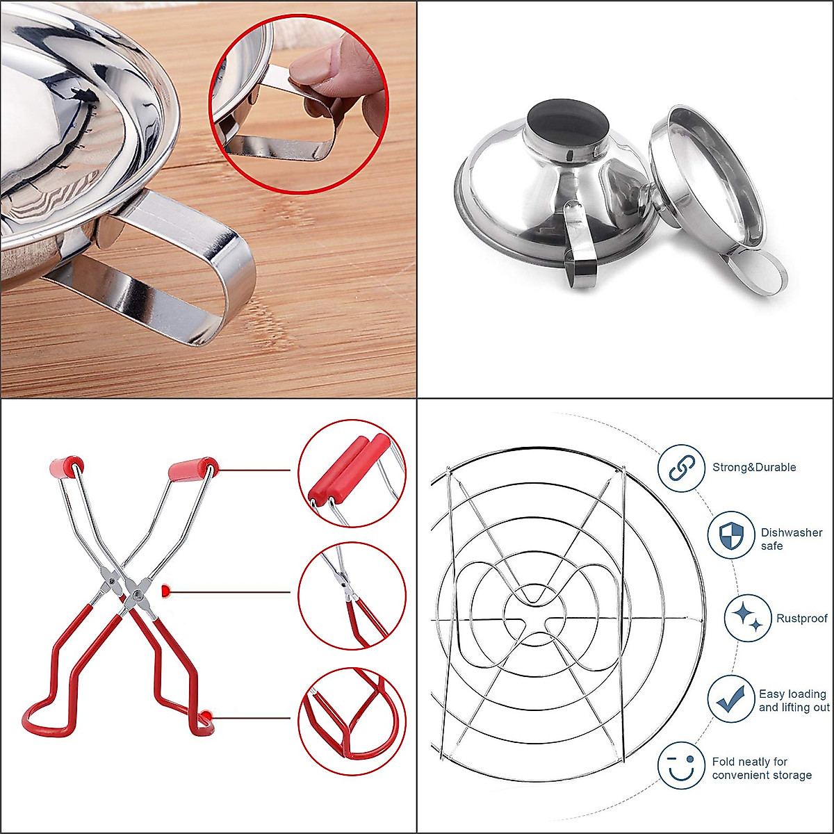 Kalolary Canning Rack, 3PCS Canning Kit Jar Tongs Stainless Steel Canning Funnel Jar Lifter Canning Rack with Silicone Handle Heat-resistant Kitchen Canning Supplies(Jars Not Included)