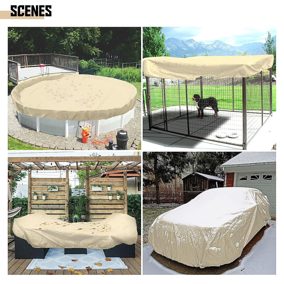 Bynbbur 14 FT Round Patio Furniture Cover Outdoor Table Chair Set Covers Car Cover Trampoline Cover Wire Rope Hemmed All Edges, Sturdy Cover for Outdoor Furniture Set (Beige)