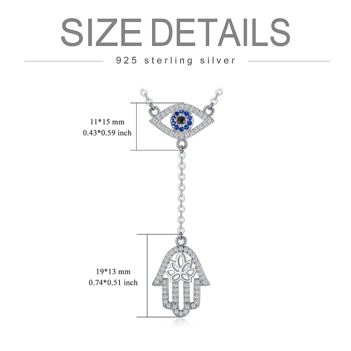 PEIMKO Evil Eye Necklace 925 Sterling Silver Hamsa hand Y Lariat Protection Amulet Evil Eye Jewelry Birthday Gift for Women