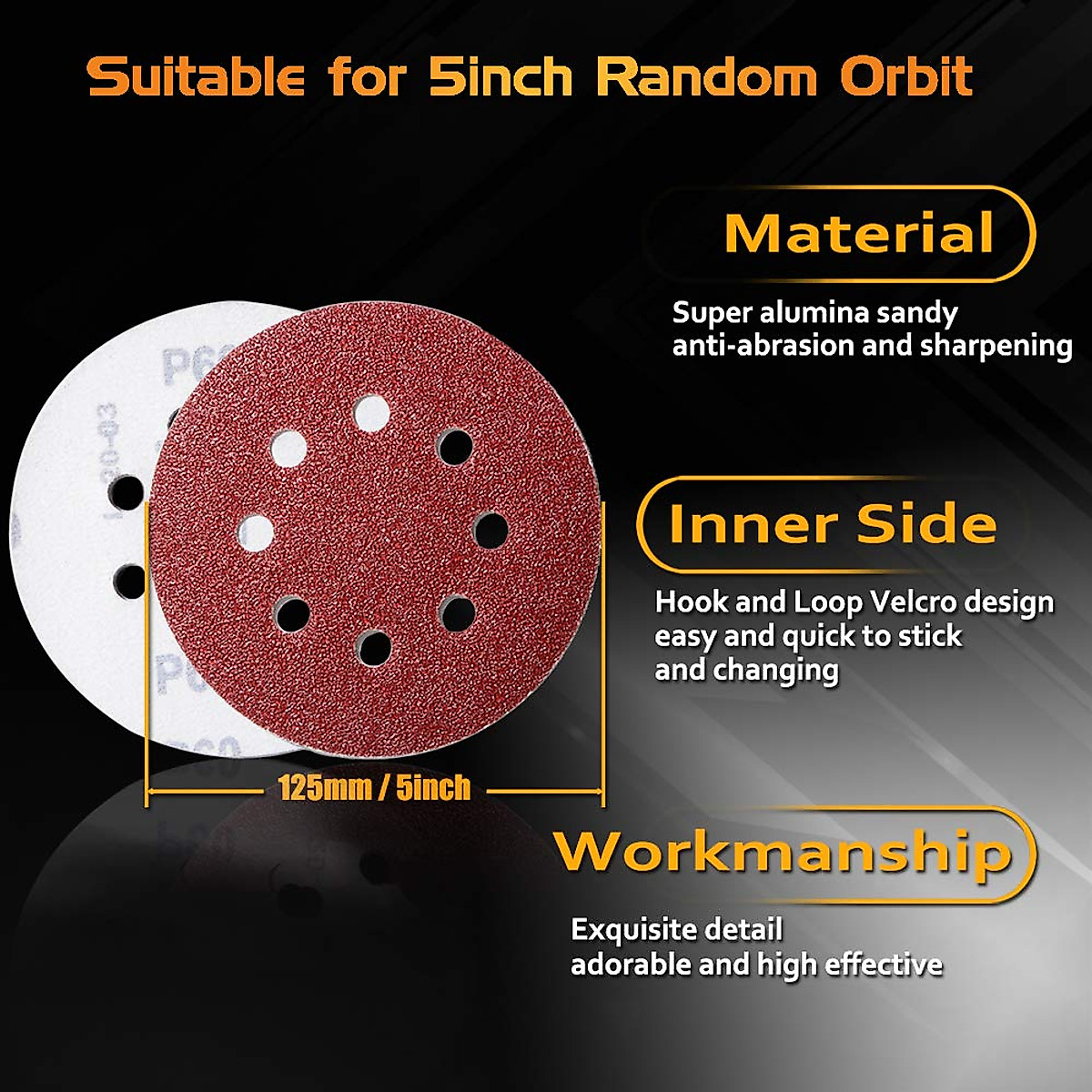 80pcs 5 inch Sanding Discs Hook and Loop, 8 Hole Orbital Sander Sandpaper, 10 x 40/60/80/120/180/240/320/400 Grit Orbital Sander Pads, Round Sandpaper Discs by Taspire