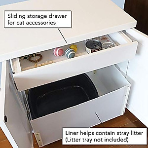 THE REFINED FELINE Cat Litter Box Enclosure Cabinet, Cottage, White, Adjustable Levelers, Large, Hidden Litter Cat Furniture with Drawer