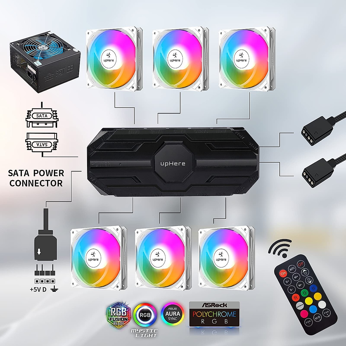 upHere 120mm White Computer Case Fan,Motherboard Sync Fan,High Airflow,Speed Adjustable, ARGB Fan with Fan Hub and Remote,Low Noise Hydraulic Bearing Long Life Up to 40,000 Hours-6 Pack,NT1206-6