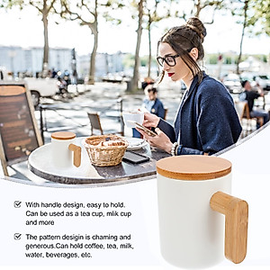 Veemoon Flat Bottom Coffee Mug with Wood Lid, 380 ML Ceramic Cup for Coffee Warmer, Keeps Warm for Tea, Cocoa, Milk and Hot Beverage