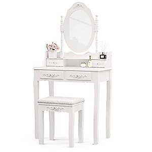 LAGRIMA Makeup Vanity Table Set, Makeup Table and Stool with Oval Mirror & 4 Storage Drawers, Wooden Dressing Desk Table Furniture Set for Women Girls