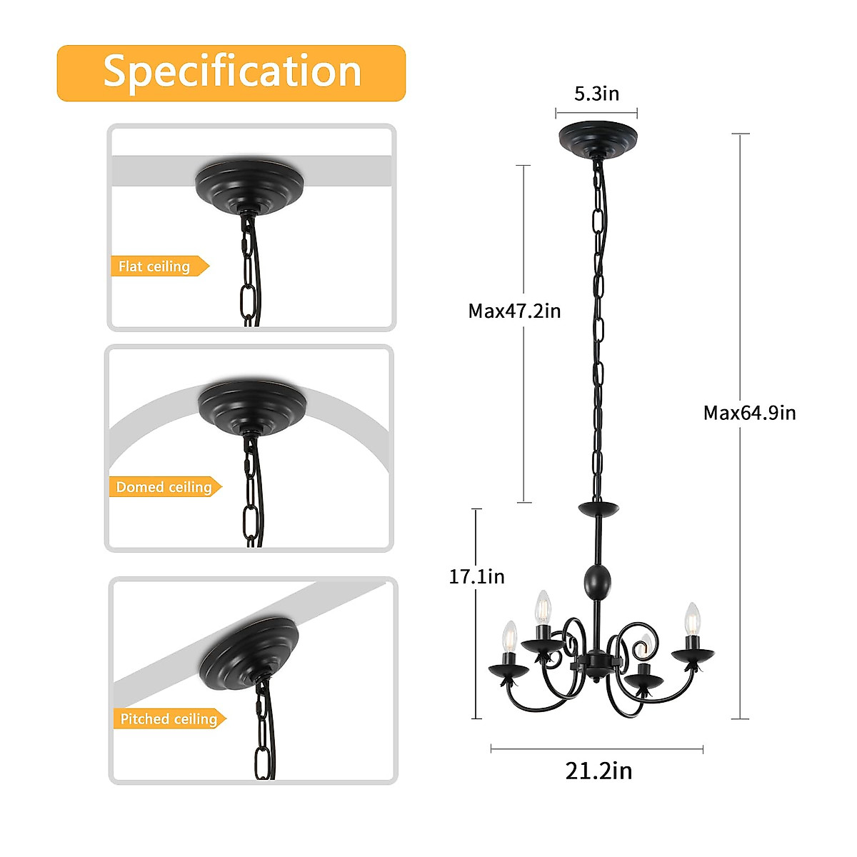 Muafot Matte Black Farmhouse Chandelier,4 Light Modern Metal Pendant Light Fixtures Adjustable Height for Dining Room Kitchen Island Foyer Entryway E12 Bulb Base UL Listed