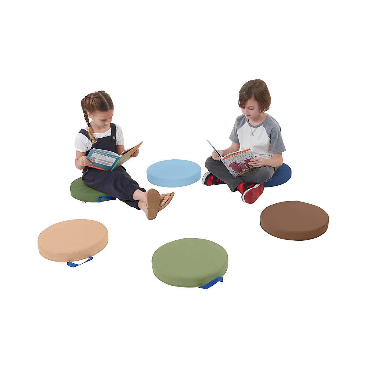 ECR4Kids SoftZone Floor Cushions with Handles, 2" Deluxe Foam, Round, Earthtone, (6-Pack)
