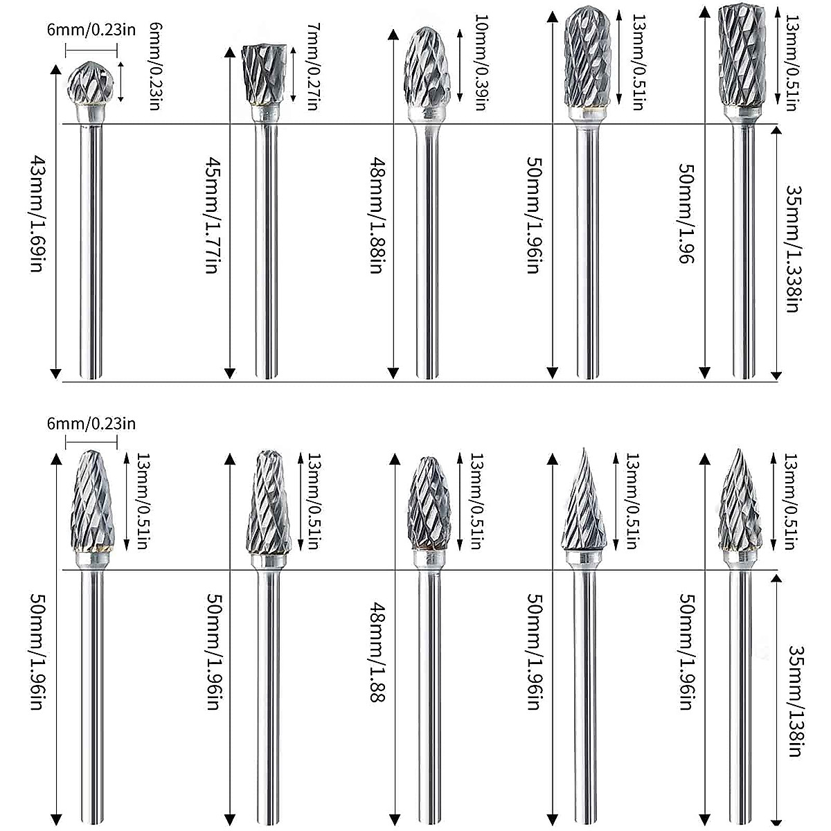 Handook Tungsten Carbide Double Cut Burr Set, with 1/8" Shank 1/4" Grinding Head Length Tungsten Steel for Grinder, DIY Wood-Working Carving, Soft Metal Polishing, Engraving, Drilling(10pcs)