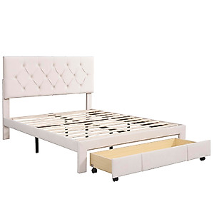 Altillo Full Size Velvet Upholstered Platform Bed Frames with Large Storage Drawer, Mid-Century Modern Platform Bed with Solid Wood Slat Support for Bedroom Boys Girls, Under Bed Storage, Beige