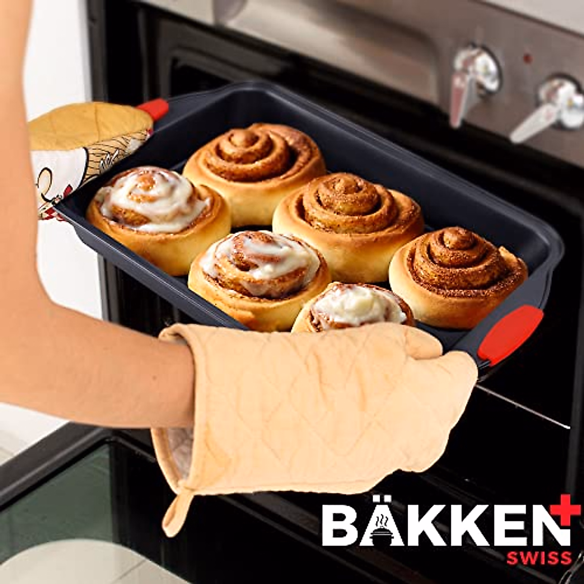 Baking Set – 8 Piece Kitchen Oven Bakeware Set – Deluxe Non-Stick Black Coating Inside and Outside – Carbon Steel – Red Silicone Handles – PFOA PFOS and PTFE Free by Bakken