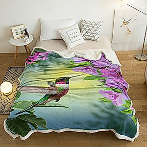Comfort Her Zon Sherpa Fleece Throw Blanket 39 x 49 Inches Spring Hummingbird Bird Flower Fuzzy Soft Flannel Blanket Reversible Ultra Luxurious Plush Blanket for Bed Couch Sofa- Pink Floral Animal