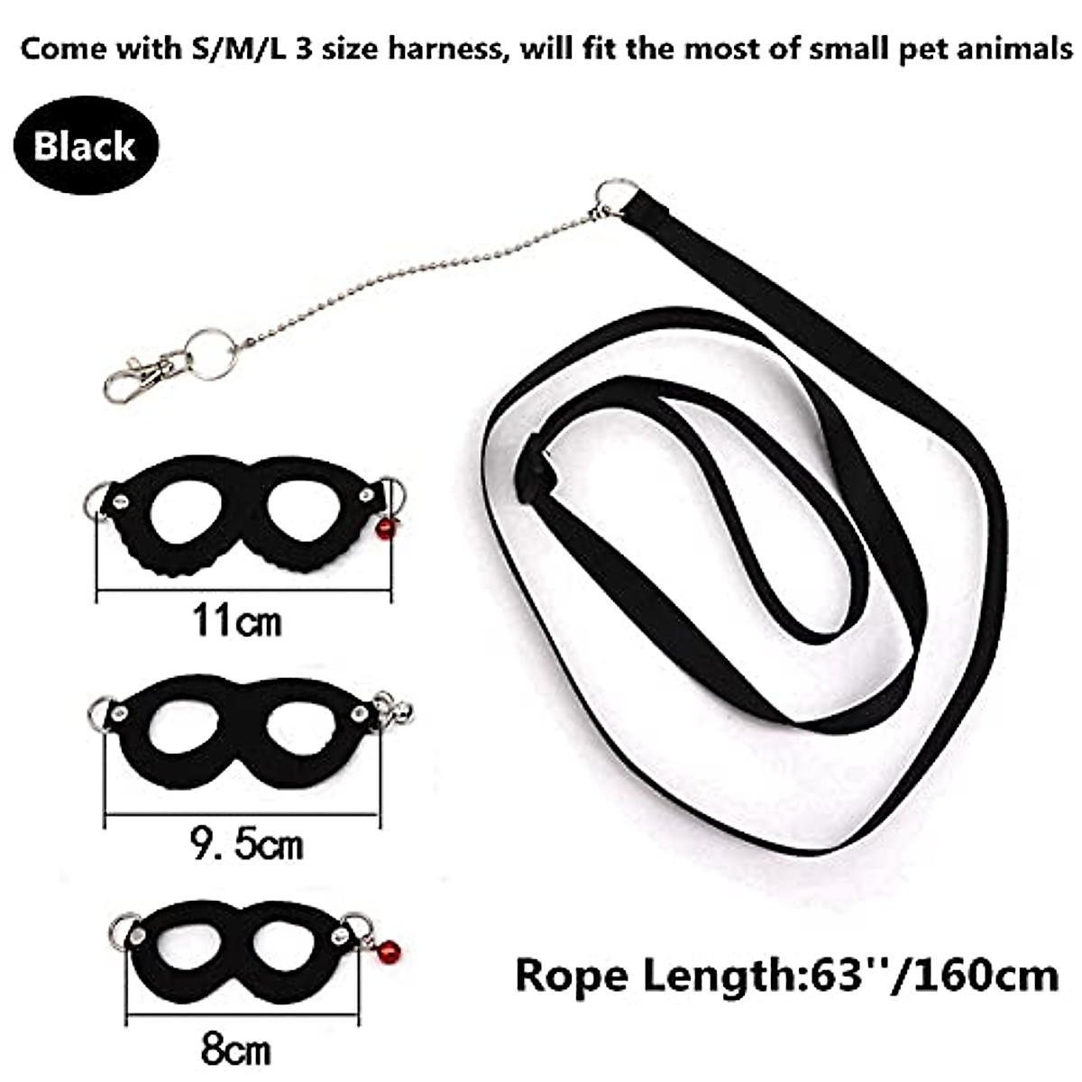 3 Pack Rat Harness and Leash Set - Adjustable Traction Rope Strap Anti-Biting Chain Rope, Small Animal Training Walking Vest Leash for Fancy Rat Mouse Gerbil Hamster Sugar Glider Birds Reptile (Black)