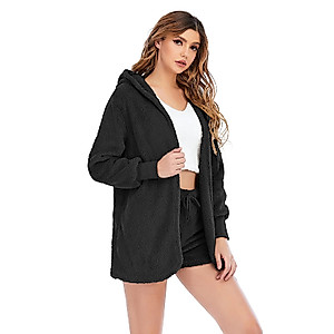 Famnbro Womens Fuzzy Sweater Sets Sexy 3 Piece Outfits Fleece Coat Jacket Tank Top Shorts Set C-black