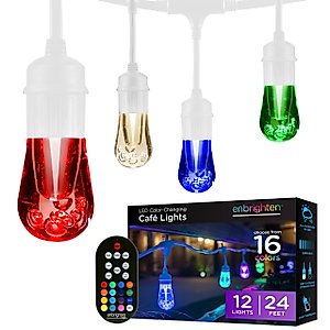 Enbrighten Premium Color Changing String Lights, 24ft White Cord, 12 Shatterproof Acrylic Bulbs, Weatherproof, Remote Control, Dimmable RGB LED, Outdoor String Lights, 39511