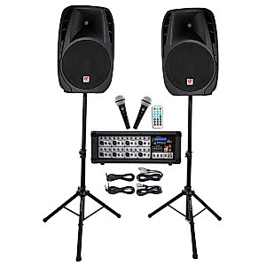 Rockville RPG2X15 Package PA System Mixer/Amp+15" Speakers+Stands+Mics+Bluetooth