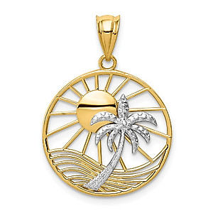 Solid 14k Gold Two Tone Sun & Palm Tree Pendant (20mm x 22mm)