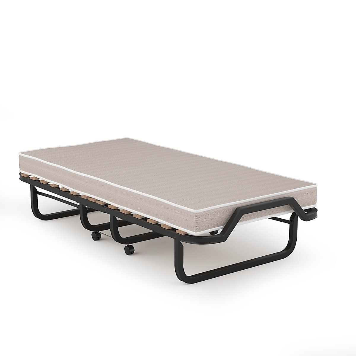 KOMFOTT Folding Bed with 4” Mattress, Foldable Rollaway Bed with Memory Foam Mattress for Adults, Portable Fold Up Guest Bed with Sturdy Steel Frame on Wheels, Made in Italy