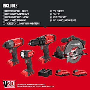 CRAFTSMAN V20 MAX Power Tool Combo Kit, 4-Tool Cordless Power Tool Set (CMCK401D2AM)