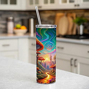 Psychedelic Lots of Mushrooms Vibrant Colors Skinny Tumbler 20oz with Straw Insulated Water Bottle Gift