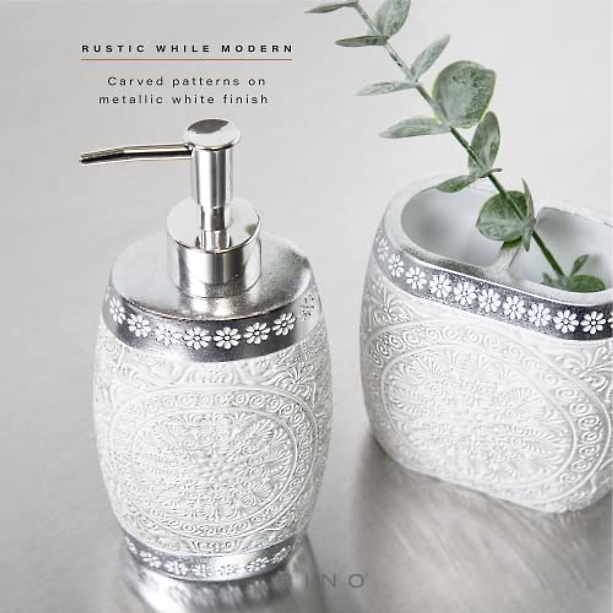 BINO Bathroom Accessories Set - Grey | Soap Dispenser | Toothbrush Holder | Tumbler | 3-Piece Bathroom Organizer Countertop Set | Bathroom Decor | Home Decor | Bathroom Set