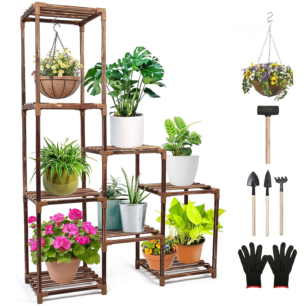 LotFancy Plant Stand Indoor Outdoor, Large Tall Wood Plant Shelf for Multiple Plants, 3 Tiers 8 Potted Plant Display Rack Garden Flower Shelves for Living Room Patio Corner Balcony Office