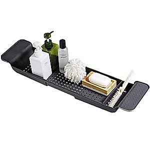 Expandable Bathtub Tray Drain Bath Caddy Tray Retractable Bath Caddy Tray Bathtub Storage Rack with Wine Glass Shelf Book Holder Candlestick Handle Dish Drain Rack